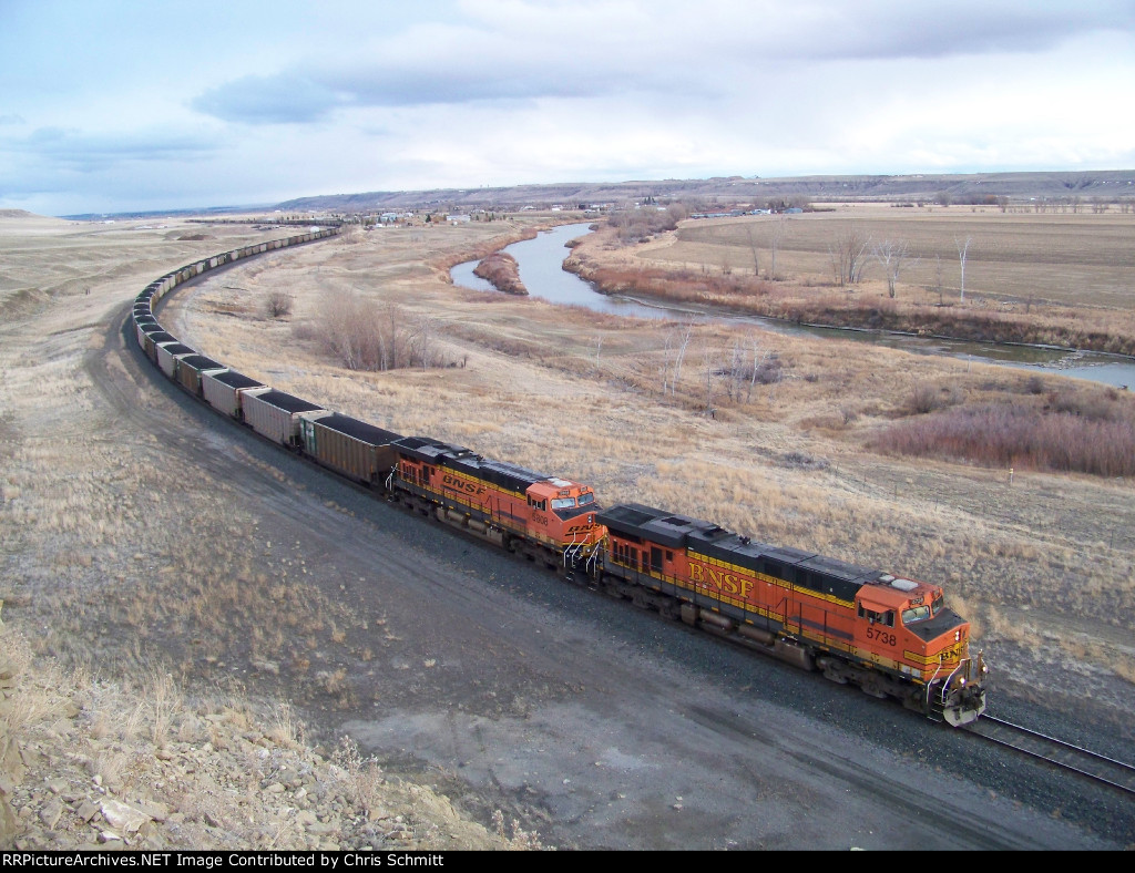 BNSF 5738 and 5808 leading a northbound coal train north of Great Falls in Manchester, MT